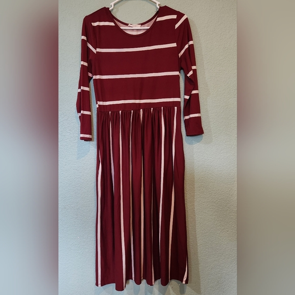 Reborn | Dresses | Reborn Maroon And White Striped Midi Dress | Poshmark